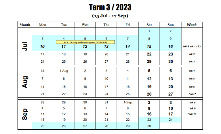 [WA] 2023 Term 3 Calendar | North Shore Coaching College