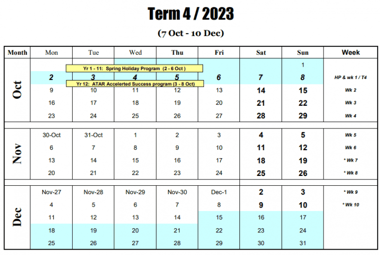 [WA] 2023 Term 4 Calendar | North Shore Coaching College