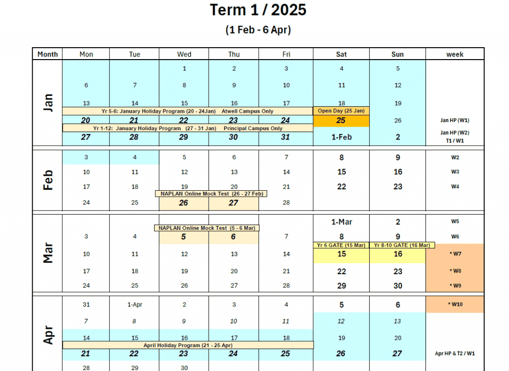 [WA] 2025 Term 1 Calendar | North Shore Coaching College